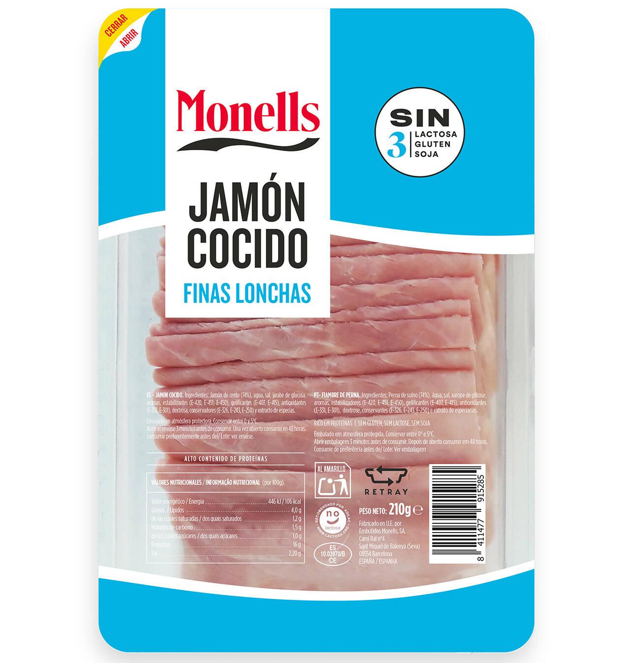 Comprar JAMON COCIDO MONELLS FINAS LONCHAS 210 G | Charcutería en ...